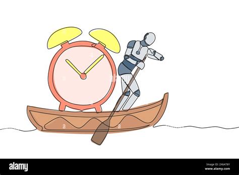Single One Line Drawing Robot Sailing Away On Boat With Alarm Clock Time Management In Tech