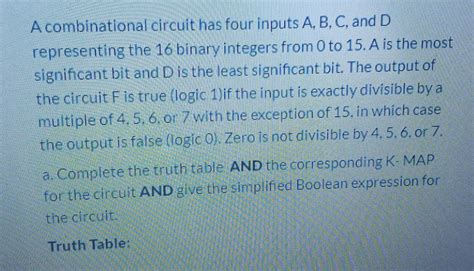 Solved A Combinational Circuit Has Four Inputs A B C And