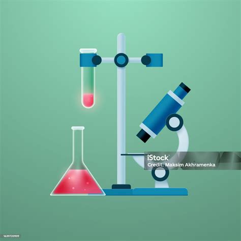 Chemical Or Science Laboratory Set Microscope Flasks And Stand Stock
