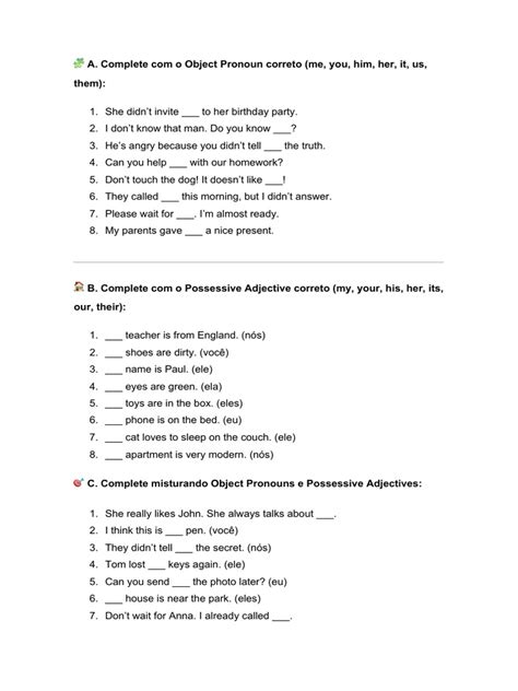 Object Pronouns And Possessive Adjectives Exercise Pdf