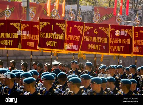 Moscow Russia 7th Of May 2015 Russian Servicemen Hold Banners With