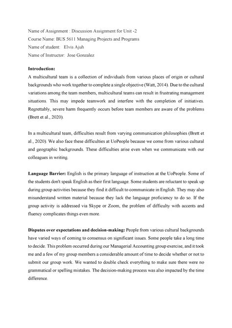 Unit 2 Discussion Assignment Name Of Assignment Discussion Assignment For Unit Course Name