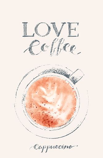 카푸치노 평면도의 손으로 그려진된 컵입니다 수채화 얼룩 우유 거품 및 장식 연필 밑그림 라떼에 대한 스톡 벡터 아트 및 기타 이미지 Istock