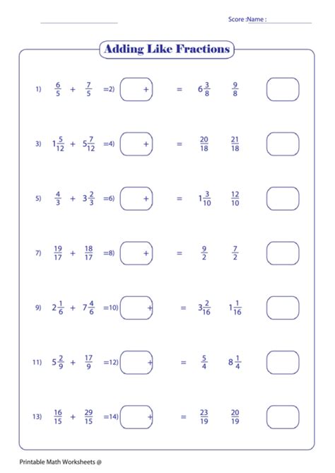 Adding Like Fractions Printable Pdf Download