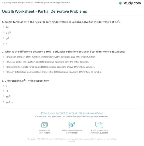 Quiz And Worksheet Partial Derivative Problems