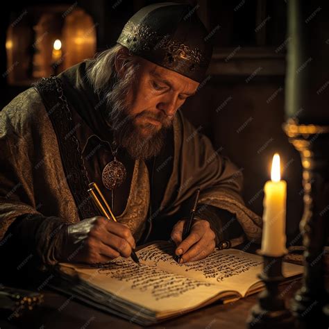Medieval Scribe Writing In Candlelit Chamber Premium Ai Generated Image