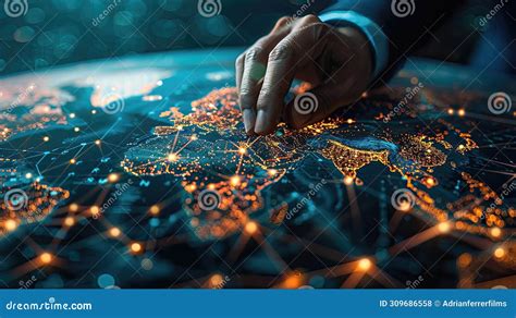 a hand touches a virtual world map with data points illustrating