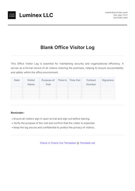 Free Blank Office Visitor Log Template To Edit Online