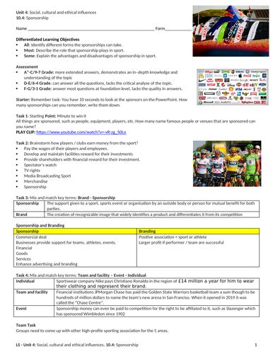 Igcse Pe Spec 2018 10 4 Sponsorship Teaching Resources