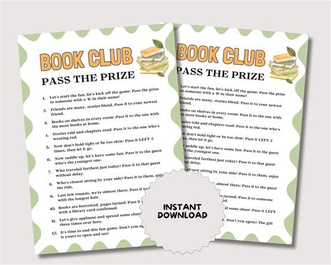Book Club Pass The Prize Game Printable Book Club Games Games For