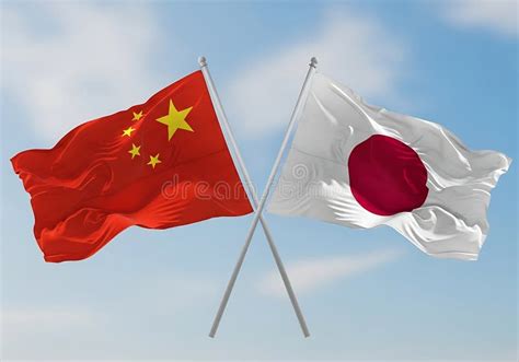 China And Japan Flags Waving In The Sky Symbolizing International