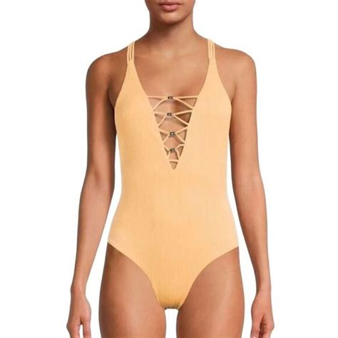 Ymi Swim Nwt Yellow Ribbed Lace Up Onepiece Swimsuit Large Poshmark