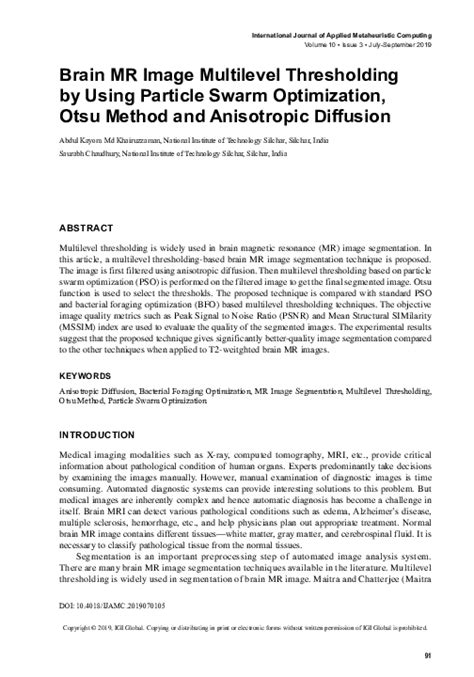 Pdf Brain Mr Image Multilevel Thresholding By Using Particle Swarm
