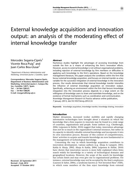 Pdf External Knowledge Acquisition And Innovation Output An Analysis Of The Moderating Effect