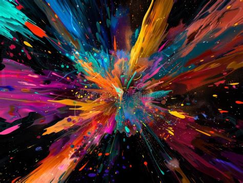 Abstract Art With Colorful Splashes And Lines Exploding Outward From A Central Point Stock