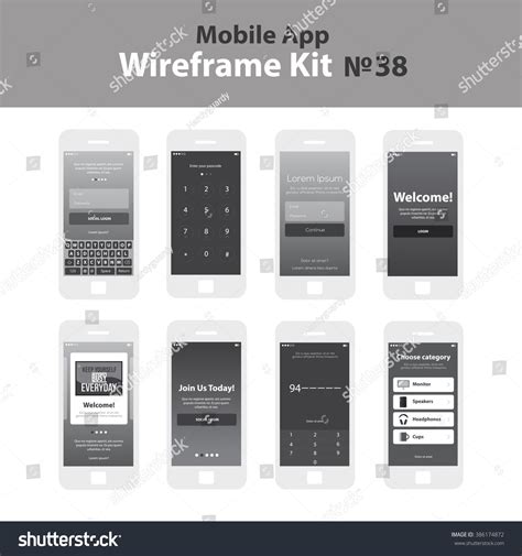 Vektor Stok Mobile Wireframe App Ui Kit 38 Tanpa Royalti 386174872