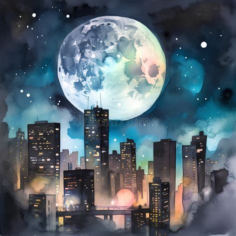 Watercolor Illustration Of A Night City With A Full Moon In The Sky