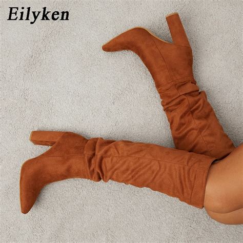 Eilyken 2022 겨울 여성 지적 발가락 접기 무리 따뜻한 무릎 높은 부팅 패션 간결한 숙녀 사무실 하이힐 신발knee