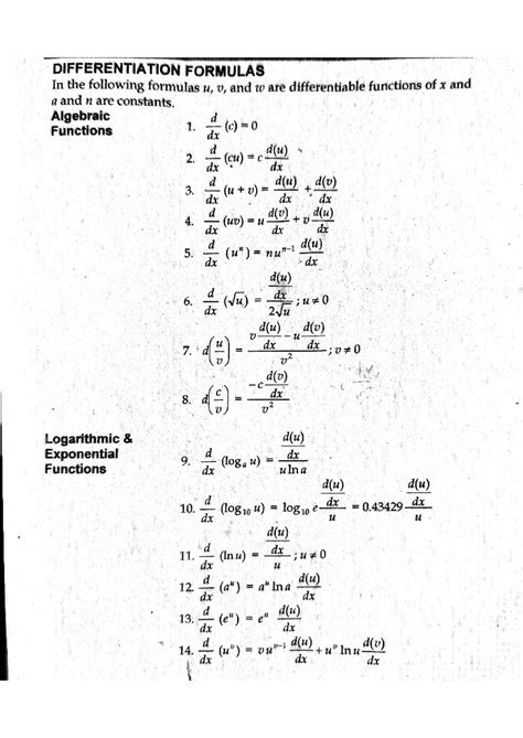 Differential Calculus Civil Engineering Differentiation Formulas In The Following Formulas U