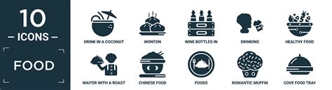 채워진 음식 아이콘 세트입니다 코코넛 완탕 상자에 담긴 와인 병 음주 건강 식품 로스트 치킨 웨이터 중국 음식 음식 로맨틱 머핀 코브 트레이 아이콘이 들어 있습니다 과일에