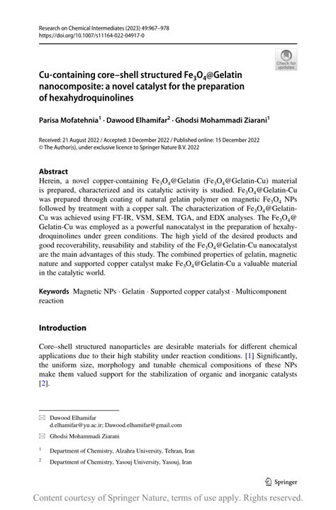 Cu Containing Core Shell Structured Fe3o4 Gelatin Nanocomposite A