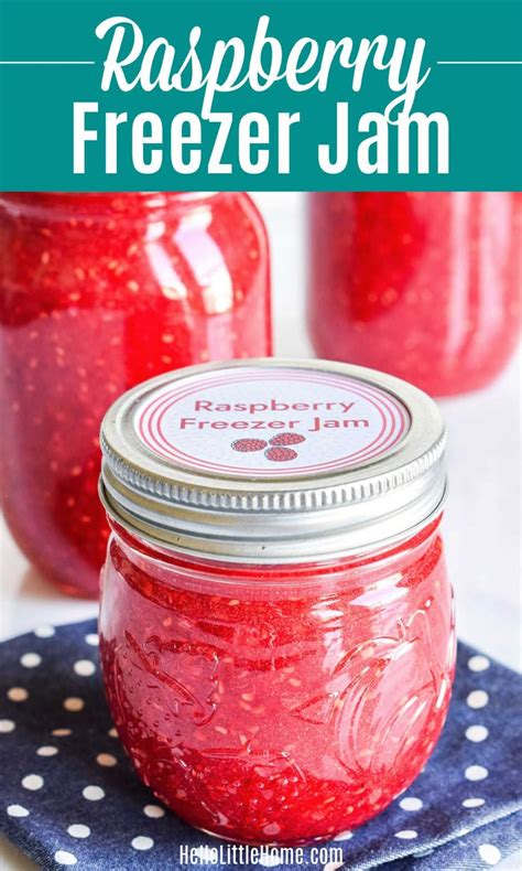 Raspberry Freeze Jam In A Mason Jar On A Blue Napkin With Polka Dots