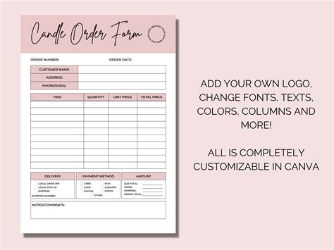 Candle Order Form Template Bonus Orderlog Form Editable Canva Invoice