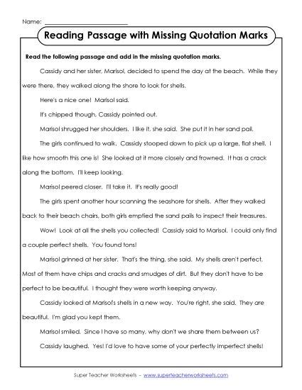 Reading Passage With Missing Quotation Marks Printable Pdf Worksheet