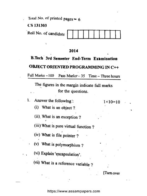 Btech 3 Sem Cse Object Oriented Programming In Cpp Cs 131303 2024 Pdf