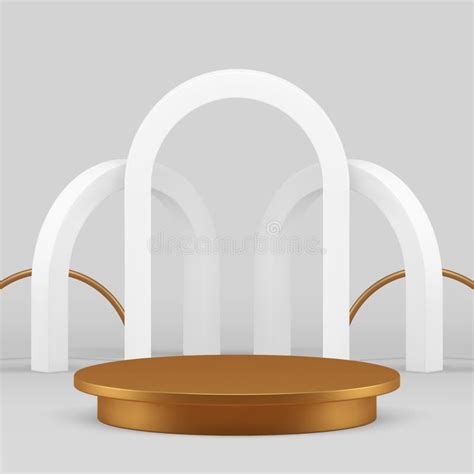 3d Golden Cylinder Podium With White Arch Wall Background For Presentation Realistic Vector