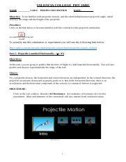 ProjectileMotion 1 Docx VALENCIA COLLEGE PHY 2048C NAME LAB 2 PROJECTILE MOTION DATE