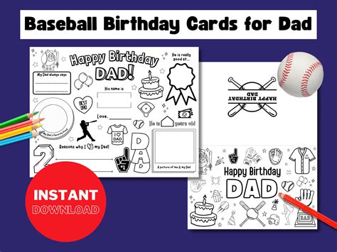 Printable Baseball Dad Coloring Birthday Card Diy Birthday Card T