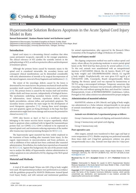 Pdf Cytology And Histology Hyperosmolar Solution Reduces Apoptosis In The Acute Spinal Cord