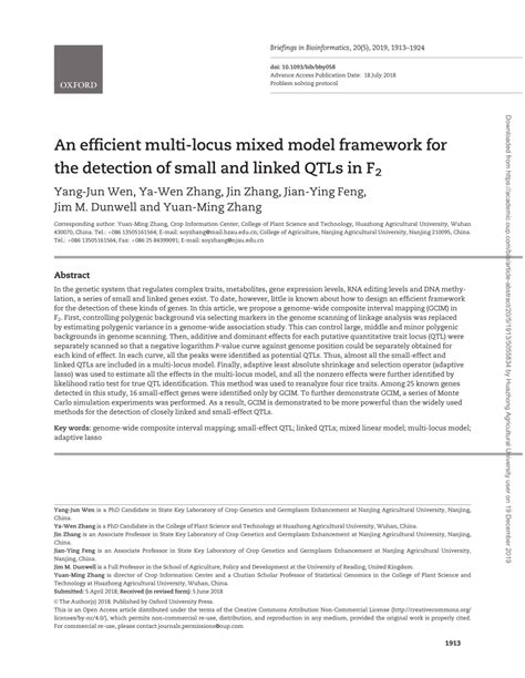 Pdf An Efficient Multi Locus Mixed Model Framework For The Detection Of Small And Linked Qtls