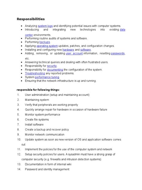 Responsibilities System Logs Data Center Backups Operating System