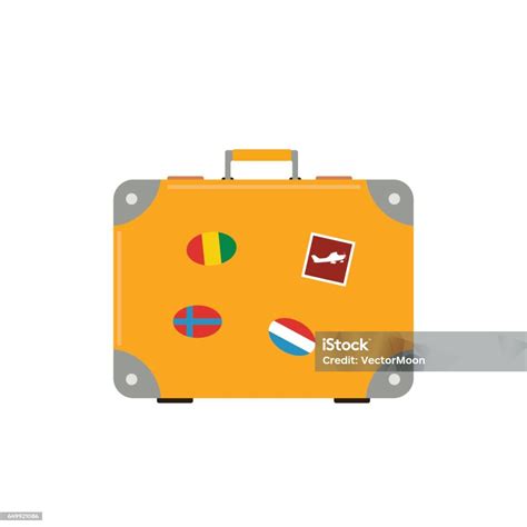 여행 여행 패션 수하물 또는 수화물 휴가 핸들 가죽 큰 포장 서류 가방 및 항해 목적지 케이스 가방 에 바퀴 벡터 일러스트