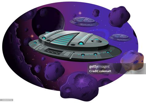 Spaceship With Asteroids In Galaxy Scene High Res Vector Graphic
