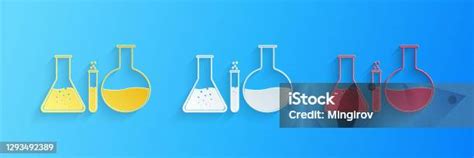 종이 컷 테스트 튜브 및 플라스크 파란색 배경에 고립 된 화학 실험실 테스트 아이콘 실험실 유리 제품 기호 종이 아트 스타일