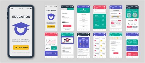 Ui Ux Gui 화면 세트 모바일 앱 반응형 웹 사이트용 교육 앱 플랫 디자인 템플릿 프리미엄 벡터