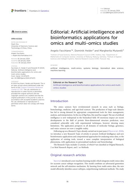 Pdf Editorial Artificial Intelligence And Bioinformatics