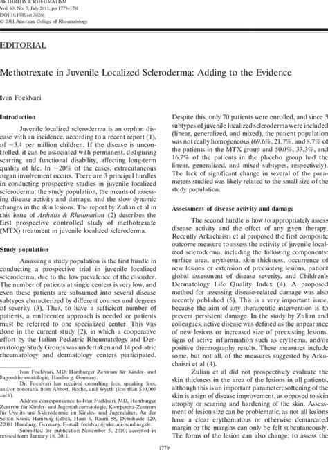 Methotrexate In Juvenile Localized Scleroderma Adding To The Evidence Foeldvari 2011