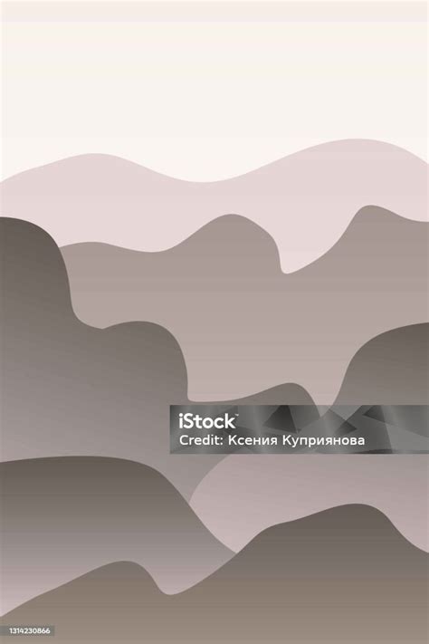 파도가 있는 흑백 풍경 태양은 하늘을 설정합니다 따뜻한 회색과 베이지 색 안개 산 실루엣 샌디 사막 모래 언덕 자연과 생태학 수직 방향입니다 소셜 미디어 엽서 및 포스터용