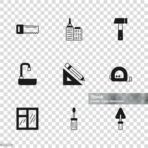 스크루 드라이버 룰렛 건설 흙손 삼각형 눈금자와 연필 망치 손톱 도시 풍경 및 세면대 아이콘을 설정합니다 벡터 강철에 대한 스톡