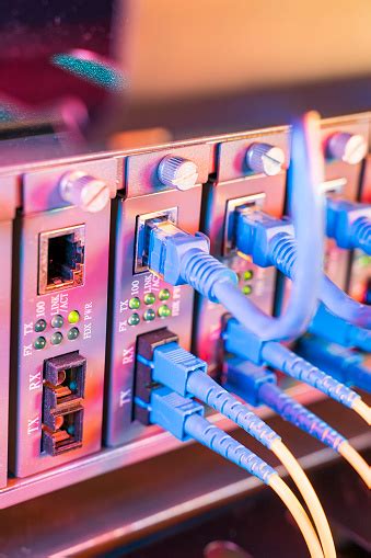 이더넷 포트에 연결된 광학 포트 및 네트워크 케이블에 연결된 광섬유 케이블 컴퓨터 네트워크에 대한 스톡 사진 및 기타 이미지 컴퓨터 네트워크 테크놀로지 대역폭