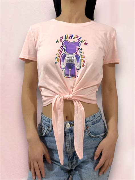 Blusa Ombliguera Con Listón Ajustable Estampado Purple Bear Fresca