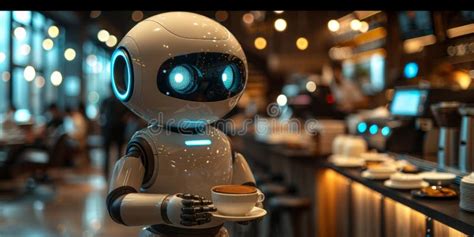humanoid robot serving coffee in a modern cafe with a bright and busy