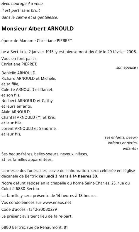 Avis De Décès De Albert Arnould Décédé Le 29 02 2008 à Bertrix