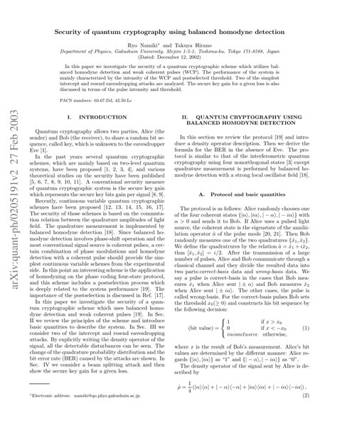 Pdf Security Of Quantum Cryptography Using Balanced Homodyne Detection
