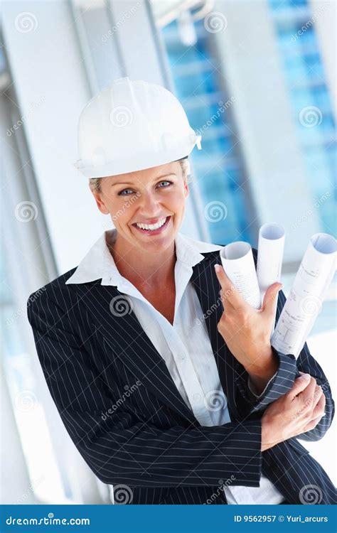 Portrait Of A Female Architect In A Hardhat Stock Image Image Of Designer Black 9562957