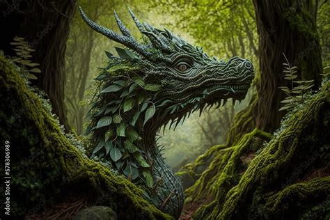 ภาพประกอบสต็อก Head And Neck Of Huge Mystical Forest Dragon Emerging